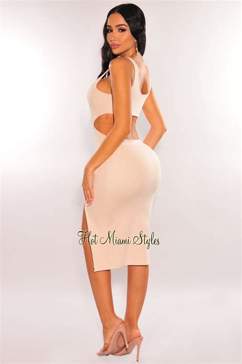 Nude Sleeveless Cut Out Slit Midi Dress Hot Miami Styles