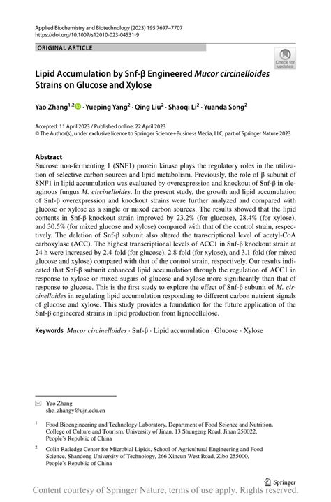 Lipid Accumulation By Snf β Engineered Mucor Circinelloides Strains On
