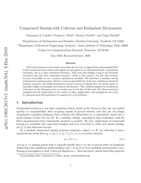 Pdf Compressed Sensing With Coherent And Redundant Dictionaries