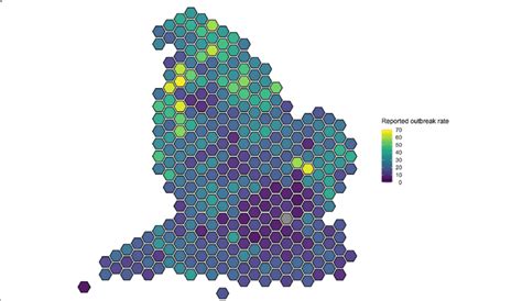 Hexagonal Cartogram Showing Reported Outbreak Rate Per 100 Care Homes