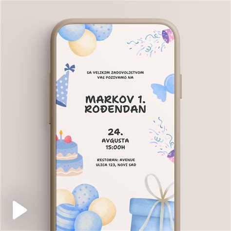 Plava Video Pozivnica Za Prvi Rođendan Sa Slatkim Ilustracijama