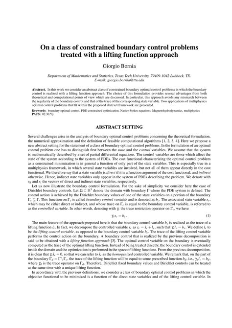 Pdf On A Class Of Constrained Boundary Control Problems Treated With A Lifting Function Approach