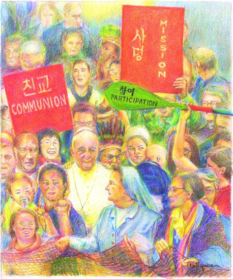 성골롬반외방선교회 다양성 포용 그리고 공동 가치를 향한 여정 프란치스코 교황님의 시노달리타스를 통해 2022년에 그린 이 그림은 복음에 뿌리를 둔 기쁨 넘치는