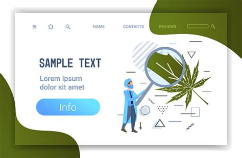 마리화나 잎 의료 약국 의료 대마초 개념 수평 전체 길이 복사 공간을 확인하기위한 돋보기를 사용하여 남성 연구원 Thc에 대한