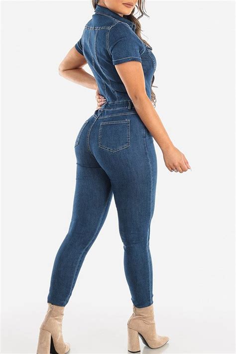 Jumpsuit Jeans With Short Sleeve Pocket And Button Up