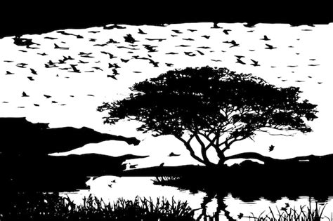 새와 나무 검은색 텍스처 ⁇ 터 ⁇ 화 프리미엄 벡터