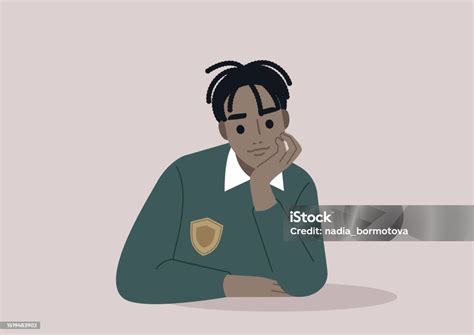 손으로 얼굴을 받치고 있는 젊은 아프리카 학생 주의 깊은 경청자 강당에 대한 스톡 벡터 아트 및 기타 이미지 강당 검사 보기 공부 Istock