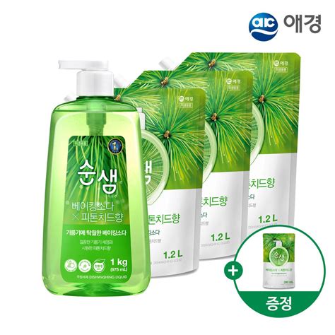 워니버스 Oneiverse 애경 순샘 주방세제 용기 1kg 1개리필 12l 3개200ml 증정 베이킹소다피톤치드