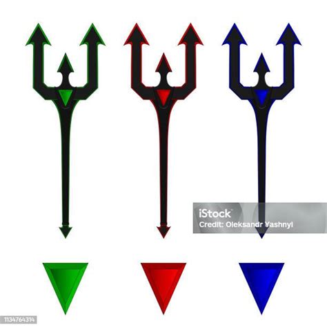 해왕성 트라이던트의 컬렉션입니다 악마의 무기를 만화 판타지 매직 무기입니다 지구의 요소 화재 물 벡터 일러스트 레이 션 디자인