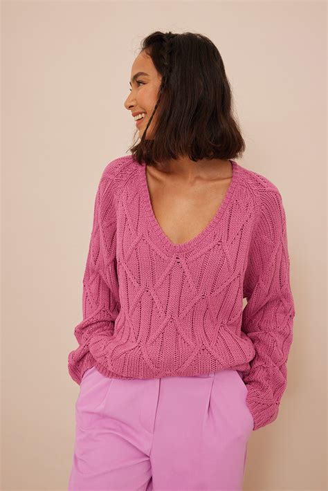 Cable Knit V Neck Sweater Pink Na Kd