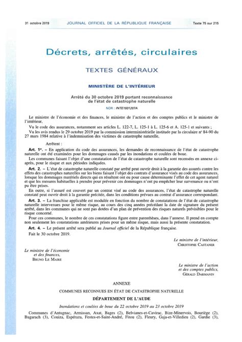 Arrêté ministériel reconnaissance de létat de catastrophe naturelle