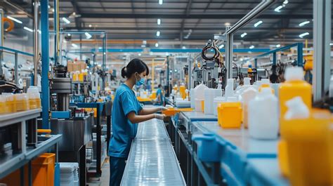 Worker Assembling Plastic Containers On The Production Line In A