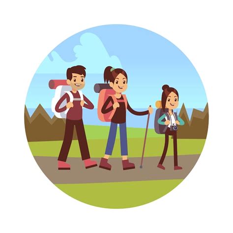 Ilustración de senderismo familiar madre padre e hija Vector Premium