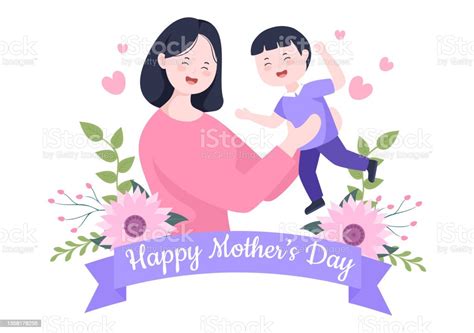 해피 어머니의 날 플랫 디자인 일러스트레이션 12월 22일 인사말 카드와 포스터를 위해 아기를 안고 있거나 자녀와 함께 하는