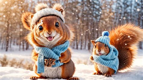 Cute Cartoon Squirrel In A Winter Clearing Funny Scarf Stock Illustration Illustration Of