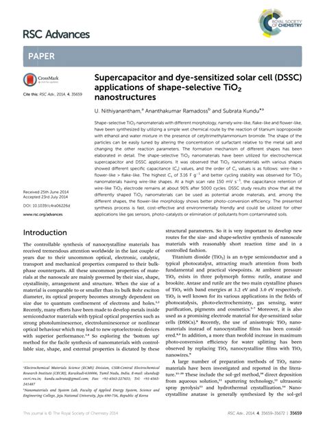 Pdf Supercapacitor And Dye Sensitized Solar Cell Dssc Applications Of Shape Selective Tio2