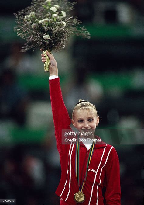 Ukranian Gymnast Tatiana Gutsu Of The Unified Team Celebrates On The