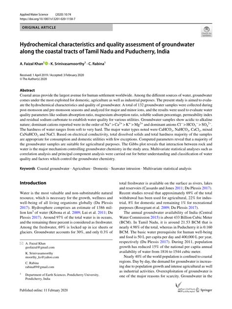 Pdf Hydrochemical Characteristics And Quality Assessment Of