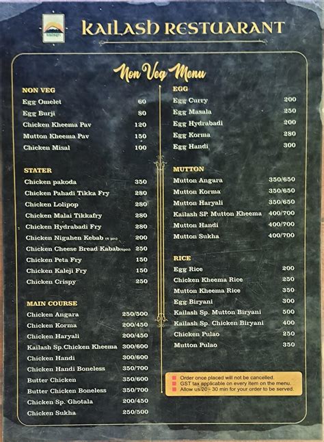 Menu At Kailash Restaurant Lonavala Pune Lonavala