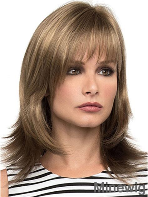 With Bangs Brown Wavy Shoulder Length 14 Sassy Medium Wigs