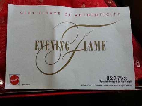 Limited Edition Evening Flame Barbie Doll 1991 Nib Certificate Of