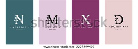 Collection Botanical Minimalistic Initial Letter N Stock Vector