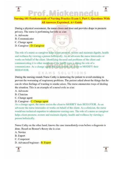 Nursing 101 Fundamentals Of Nursing Practice Exam 1 Part 1 Questions