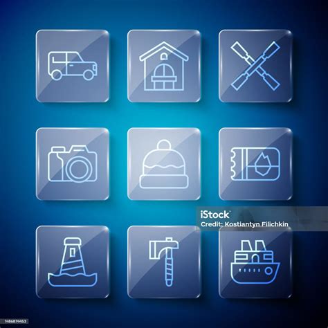 아이슬란드 아이콘의 등대 나무 도끼 유람선 노 또는 외륜선 비니 모자 사진 카메라 자동차 및 티켓을 설정합니다 벡터 교통수단에 대한 스톡 벡터 아트 및 기타 이미지 Istock