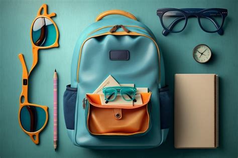 Premium Ai Image A Backpack With A Blue Backpack And Glasses On A