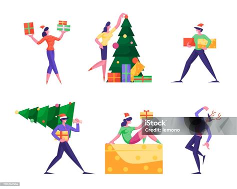 새해와 크리스마스 휴일을 축하 귀여운 행복 작은 사람들의 세트 운반 및 축제 전구 화환 춤과 선물을주는 가문비 나무 장식 만화 플랫 벡터 일러스트 가문비나무에 대한 스톡