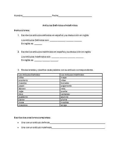 Beginner Spanish Definite And Indefinite Articles Pdf By Profesora Gray