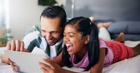 Laugh Tablet And Father With Daughter In Bedroom For Streaming Service