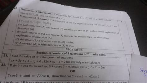 20 Statement A A Ssertion If The Points A43 And Bx5 Lies On A Ci