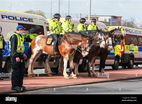 Police Officers And Police Horses On Duty At Ibrox Stadium Before A