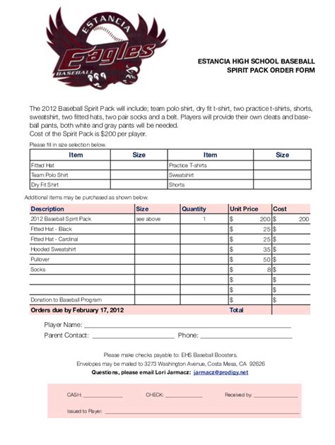 Ehs Baseball Spirit Pak Order Form Fill Out And Sign Printable Pdf Template Airslate Signnow