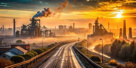 Sunrise Over Industrial Landscape A Misty Morning On The Road Beside A