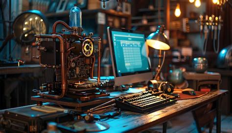 Premium Photo Computer In Steampunk Style On A Table On A Blurred