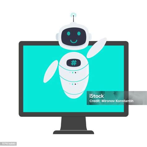 로봇 챗봇 아이콘 기호 평면 스타일 디자인 벡터 일러스트레이션 흰색 배경에 격리 귀여운 Ai 봇 도우미 마스코트 캐릭터 개념 비즈니스 도우미 올인원 Pc 모니터에 가공의