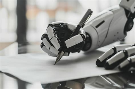 Steam Punk Robot Writes Poem On Paper With Pen Closeup Of White Robot