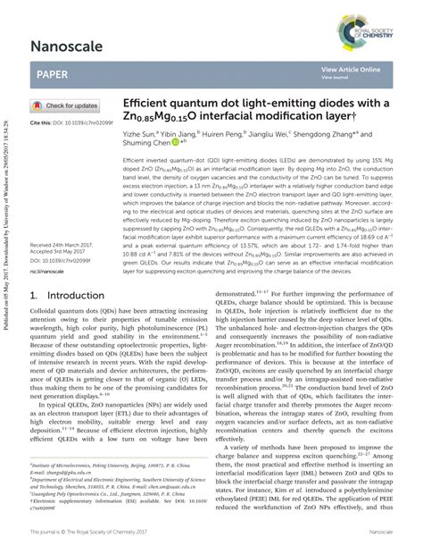 Pdf Efficient Quantum Dot Light Emitting Diodes With Zn085mg015o Interfacial Modification Layer