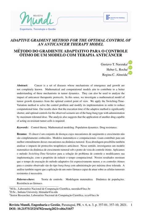 Pdf Adaptive Gradient Method For The Optimal Control Of An Anticancer Therapy Model