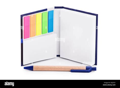 Close Up Of A Notebook With Colorful Page Marker Stickers And A Pen Isolated On White