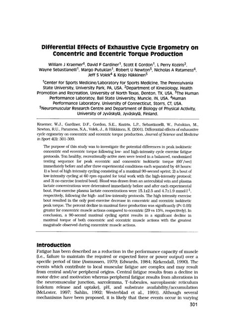 Pdf Differential Effects Of Exhaustive Cycle Ergometry On Concentric