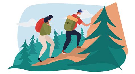 남자와 여자는 무거운 가방 팩을 들고 산에서 하이킹을하고 있다 산에서의 신체 활동 바위 등반 등산에 대한 스톡 벡터 아트 및