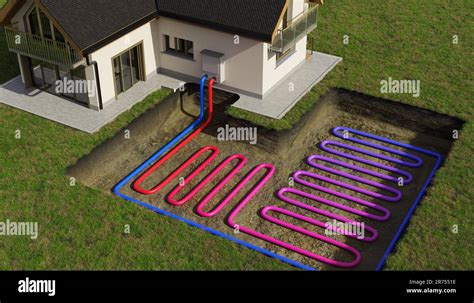 Horizontal Ground Source Heat Pump System For Heating Home With Geothermal Energy 3d Rendered