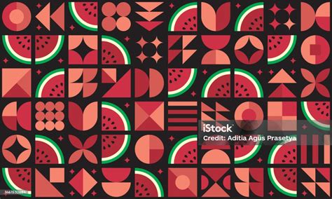 빨간 수박의 바우 하우스 패턴은 요소와 단순한 기하학적 모양을 잘라냅니다 미니멀리스트 추상 수평 과일 포스터 장식 배너 전단지 디자인 표지 음식 또는 음료 포장 인쇄 개체