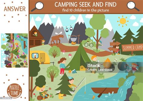 숲에서 귀여운 아이들과 벡터 캠핑 검색 게임 사진에 숨겨진 아이들을 발견 간단한 추구하고 여름 캠프 또는 삼림 교육 인쇄 활동을 찾을 수 있습니다 야외 가족 퀴즈 캠핑에
