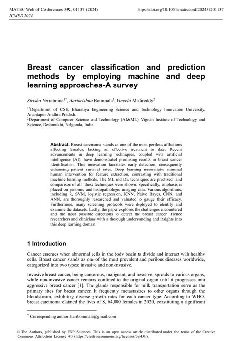 Pdf Breast Cancer Classification And Prediction Methods By Employing Machine And Deep Learning