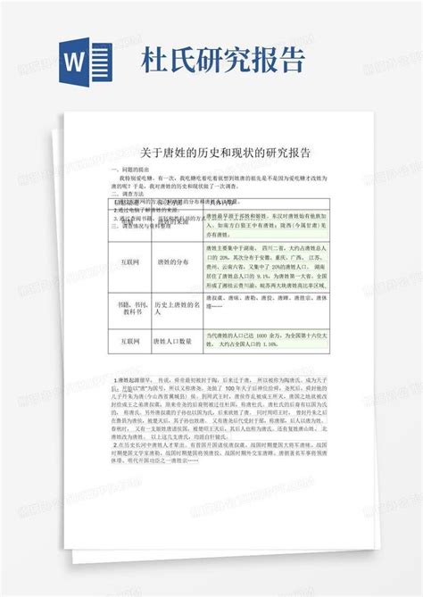 关于唐姓的历史和现状的研究报告Word模板下载 编号qzkmmywj 熊猫办公