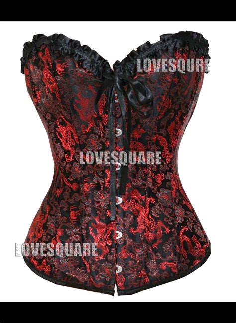 Lovely Lingerie Red Black Asian Dragon Boned Bustier Corset Top S Xl Ebay